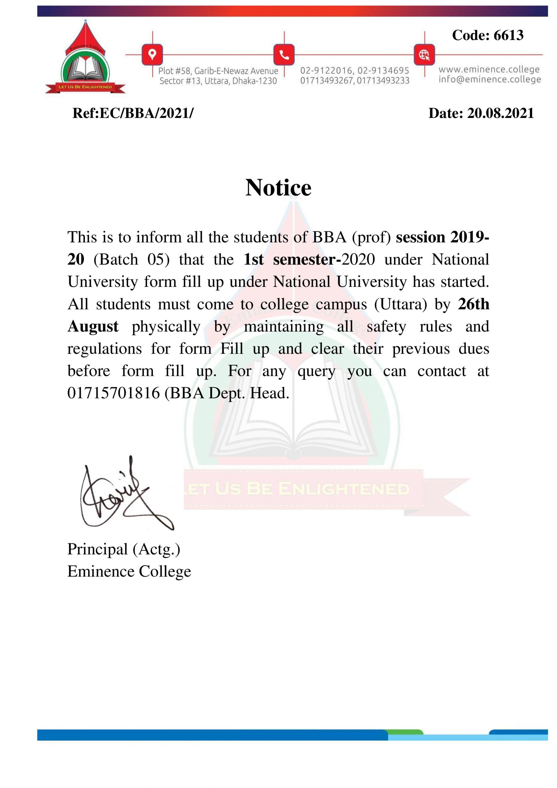 BBA 1st Semester Form Fill Up Notice - Eminence College | Daffodil